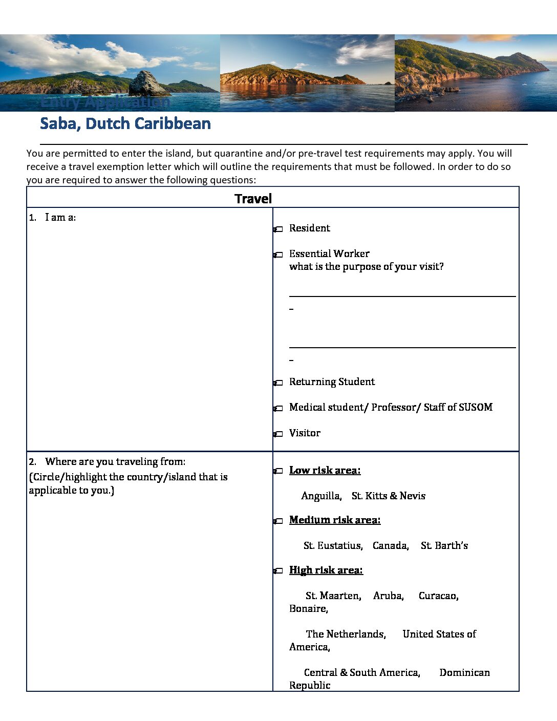 Entry Application | Saba Tourism